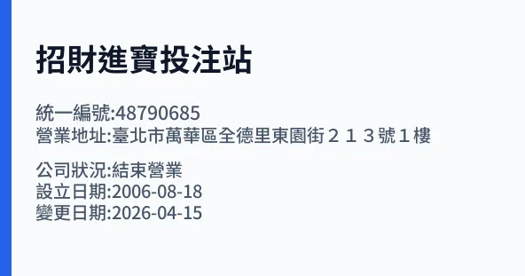 招財進寶投注站的照片-統編 48790685(臺北市) 公司登記資料與營業項目詳細圖表