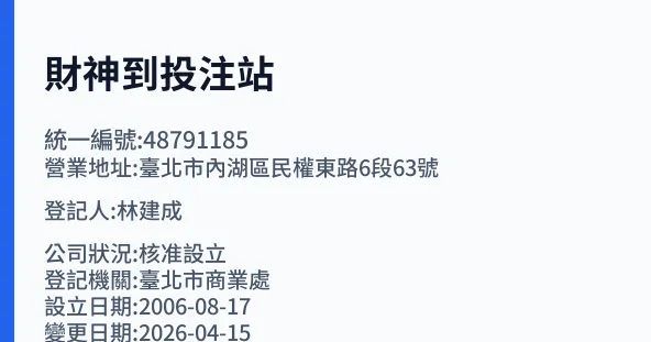 財神到投注站的照片-統編 48791185(臺北市) 公司登記資料與營業項目詳細圖表