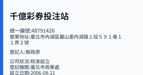 千億彩券投注站的照片-統編 48791426(臺北市) 公司登記資料與營業項目詳細圖表