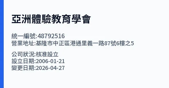 亞洲體驗教育學會的照片-統編 48792516(基隆市) 公司登記資料與營業項目詳細圖表