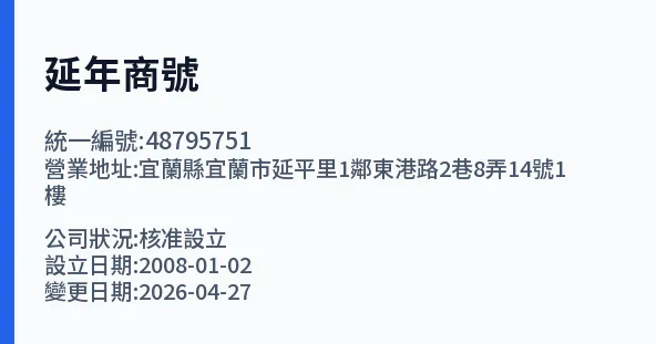 延年商號的照片-統編 48795751(宜蘭縣) 公司登記資料與營業項目詳細圖表