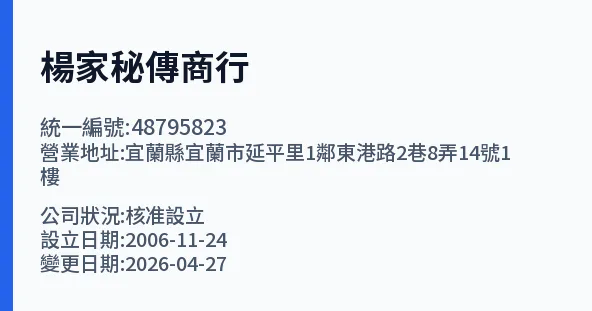楊家秘傳商行的照片-統編 48795823(宜蘭縣) 公司登記資料與營業項目詳細圖表