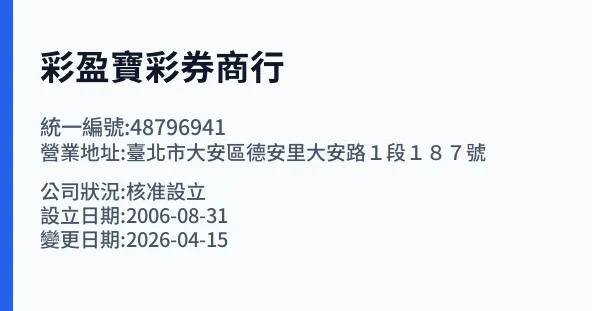 彩盈寶彩券商行的照片-統編 48796941(臺北市) 公司登記資料與營業項目詳細圖表