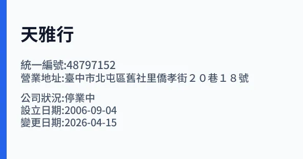 天雅行的照片-統編 48797152(臺中市) 公司登記資料與營業項目詳細圖表