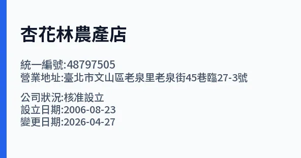 杏花林農產店的照片-統編 48797505(臺北市) 公司登記資料與營業項目詳細圖表
