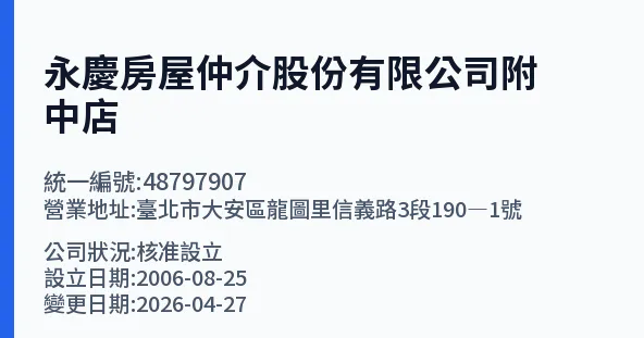 永慶房屋仲介股份有限公司附中店的照片-統編 48797907(臺北市) 公司登記資料與營業項目詳細圖表