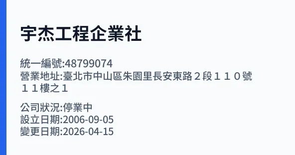宇杰工程企業社的照片-統編 48799074(臺北市) 公司登記資料與營業項目詳細圖表