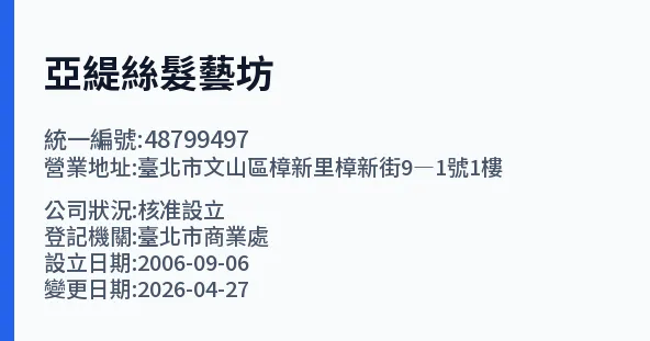 亞緹絲髮藝坊的照片-統編 48799497(臺北市) 公司登記資料與營業項目詳細圖表