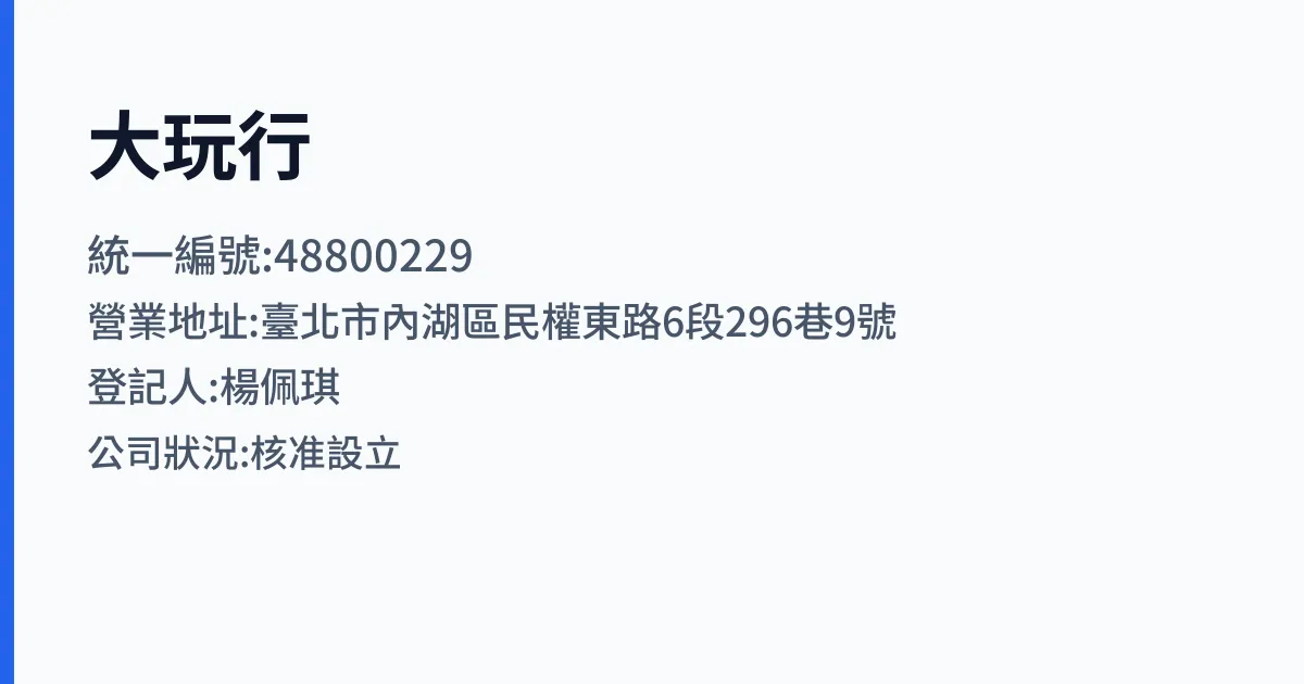 大玩行 - 統編 48800229(臺北市) 公司登記資料與營業項目詳細圖表