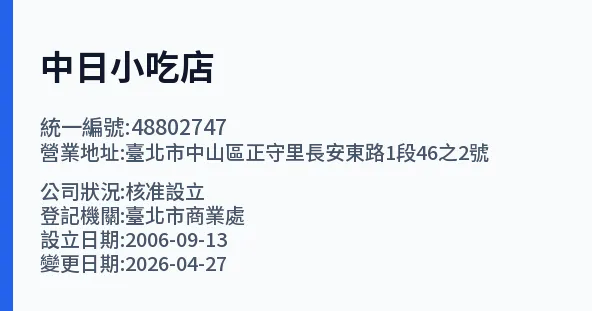 中日小吃店的照片-統編 48802747(臺北市) 公司登記資料與營業項目詳細圖表