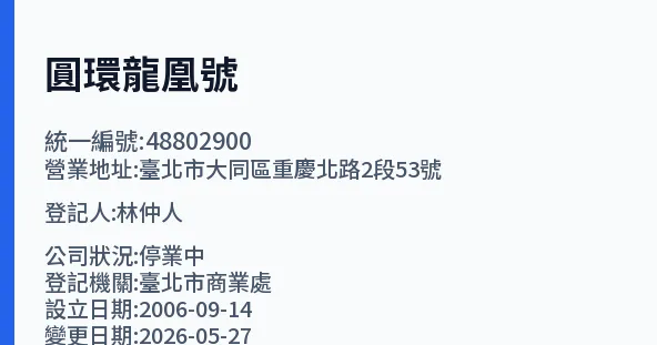 圓環龍凰號的照片-統編 48802900(臺北市) 公司登記資料與營業項目詳細圖表