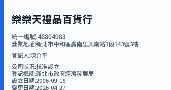 樂樂天禮品百貨行的照片-統編 48804983(新北市) 公司登記資料與營業項目詳細圖表