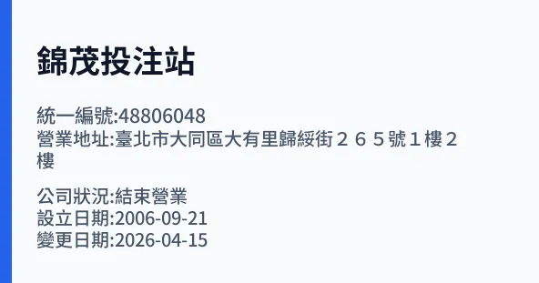 錦茂投注站的照片-統編 48806048(臺北市) 公司登記資料與營業項目詳細圖表