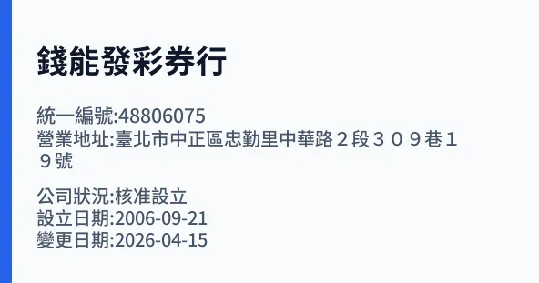 錢能發彩券行的照片-統編 48806075(臺北市) 公司登記資料與營業項目詳細圖表