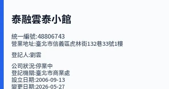 泰融雲泰小館的照片-統編 48806743(臺北市) 公司登記資料與營業項目詳細圖表