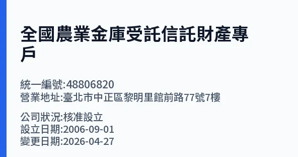 全國農業金庫受託信託財產專戶的照片-統編 48806820(臺北市) 公司登記資料與營業項目詳細圖表