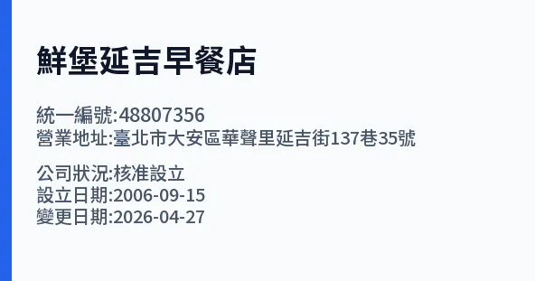 鮮堡延吉早餐店的照片-統編 48807356(臺北市) 公司登記資料與營業項目詳細圖表
