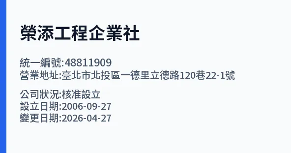 榮添工程企業社的照片-統編 48811909(臺北市) 公司登記資料與營業項目詳細圖表