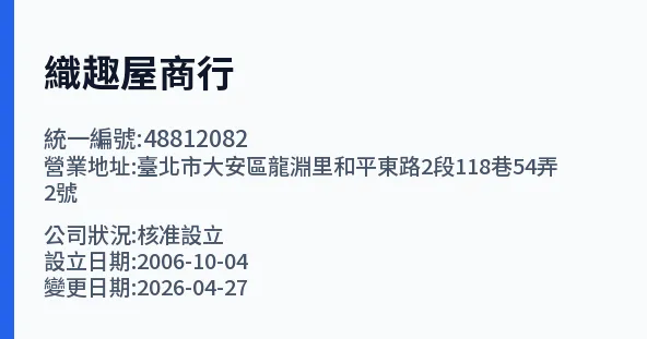 織趣屋商行的照片-統編 48812082(臺北市) 公司登記資料與營業項目詳細圖表