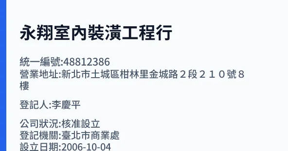 永翔室內裝潢工程行的照片-統編 48812386(新北市) 公司登記資料與營業項目詳細圖表