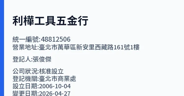 利樺工具五金行的照片-統編 48812506(臺北市) 公司登記資料與營業項目詳細圖表