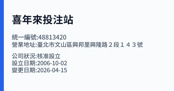 喜年來投注站的照片-統編 48813420(臺北市) 公司登記資料與營業項目詳細圖表
