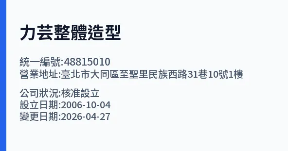 力芸整體造型的照片-統編 48815010(臺北市) 公司登記資料與營業項目詳細圖表