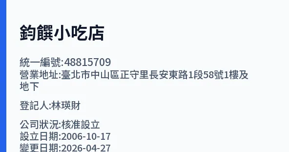 鈞饌小吃店的照片-統編 48815709(臺北市) 公司登記資料與營業項目詳細圖表