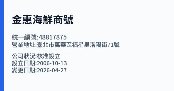 金惠海鮮商號的照片-統編 48817875(臺北市) 公司登記資料與營業項目詳細圖表