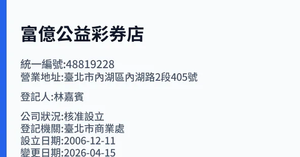 富億公益彩券店的照片-統編 48819228(臺北市) 公司登記資料與營業項目詳細圖表