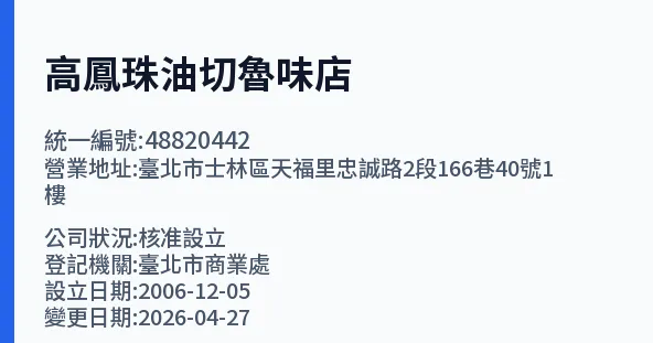高鳳珠油切魯味店的照片-統編 48820442(臺北市) 公司登記資料與營業項目詳細圖表