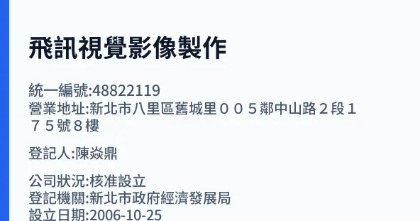 飛訊視覺影像製作的照片-統編 48822119(新北市) 公司登記資料與營業項目詳細圖表