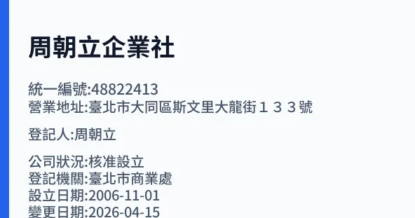 周朝立企業社的照片-統編 48822413(臺北市) 公司登記資料與營業項目詳細圖表