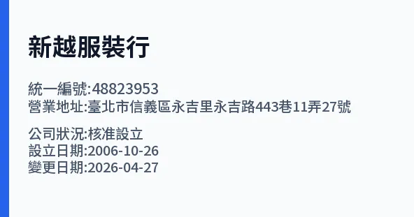 新越服裝行的照片-統編 48823953(臺北市) 公司登記資料與營業項目詳細圖表