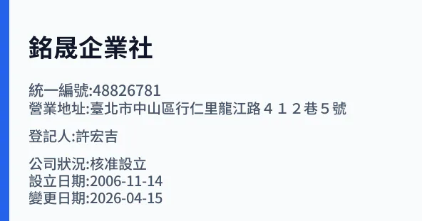 銘晟企業社的照片-統編 48826781(臺北市) 公司登記資料與營業項目詳細圖表