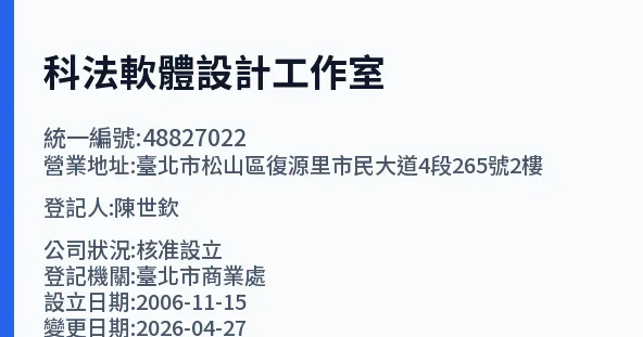 科法軟體設計工作室的照片-統編 48827022(臺北市) 公司登記資料與營業項目詳細圖表