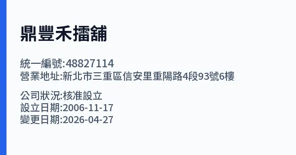 鼎豐禾擂舖的照片-統編 48827114(新北市) 公司登記資料與營業項目詳細圖表