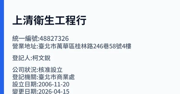 上清衛生工程行的照片-統編 48827326(新北市) 公司登記資料與營業項目詳細圖表