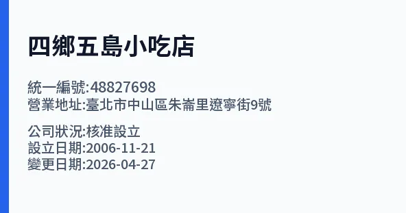四鄉五島小吃店的照片-統編 48827698(臺北市) 公司登記資料與營業項目詳細圖表
