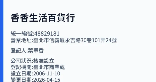 香香生活百貨行的照片-統編 48829181(臺北市) 公司登記資料與營業項目詳細圖表
