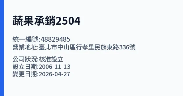 蔬果承銷2504的照片-統編 48829485(臺北市) 公司登記資料與營業項目詳細圖表
