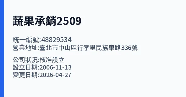 蔬果承銷2509的照片-統編 48829534(臺北市) 公司登記資料與營業項目詳細圖表