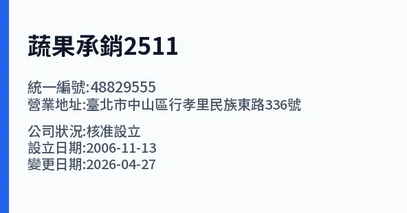 蔬果承銷2511的照片-統編 48829555(臺北市) 公司登記資料與營業項目詳細圖表
