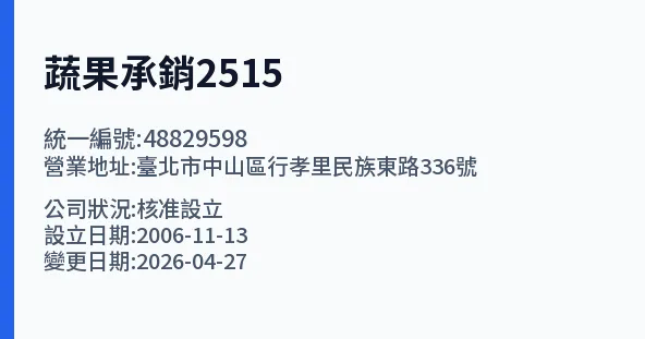 蔬果承銷2515的照片-統編 48829598(臺北市) 公司登記資料與營業項目詳細圖表