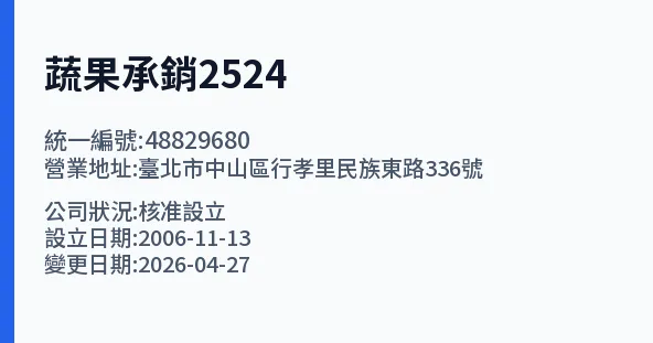 蔬果承銷2524的照片-統編 48829680(臺北市) 公司登記資料與營業項目詳細圖表