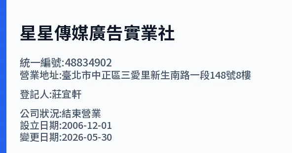 星星傳媒廣告實業社的照片-統編 48834902(臺北市) 公司登記資料與營業項目詳細圖表