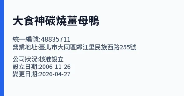 大食神碳燒薑母鴨的照片-統編 48835711(臺北市) 公司登記資料與營業項目詳細圖表