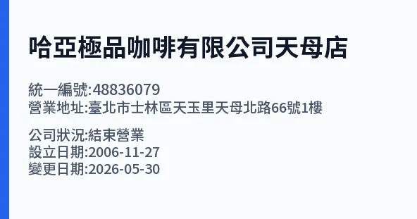 哈亞極品咖啡有限公司天母店的照片-統編 48836079(臺北市) 公司登記資料與營業項目詳細圖表