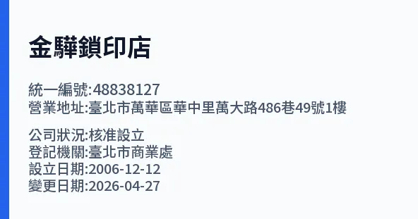 金驊鎖印店的照片-統編 48838127(臺北市) 公司登記資料與營業項目詳細圖表