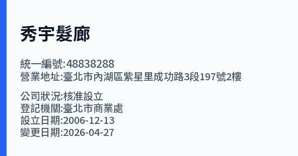 秀宇髮廊的照片-統編 48838288(臺北市) 公司登記資料與營業項目詳細圖表